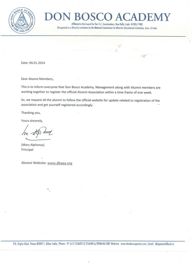 NOTICE FOR ALUMNI MEMBERS – DON BOSCO ACADEMY
