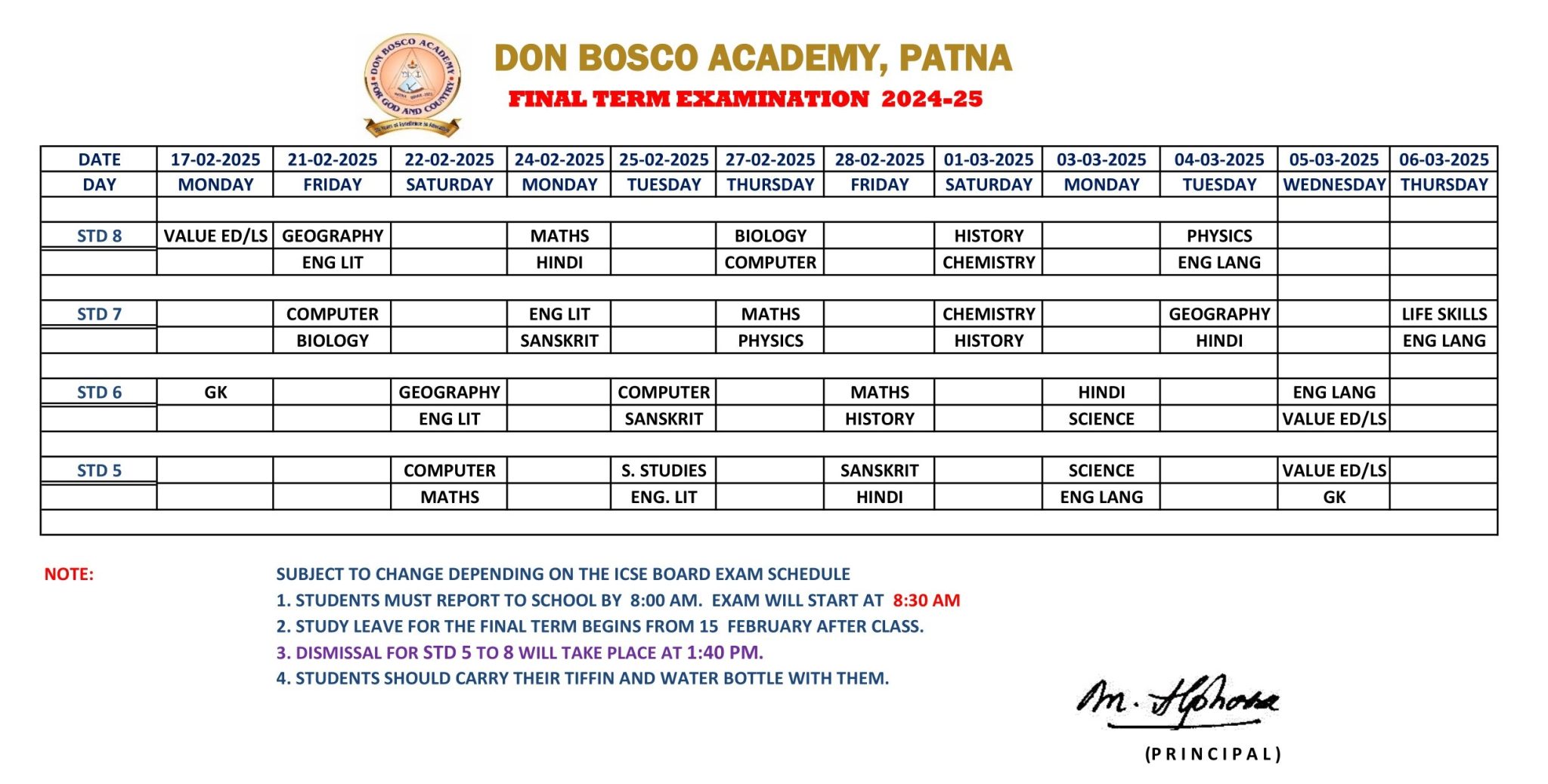 EXAMINATION SCHEDULES – DON BOSCO ACADEMY
