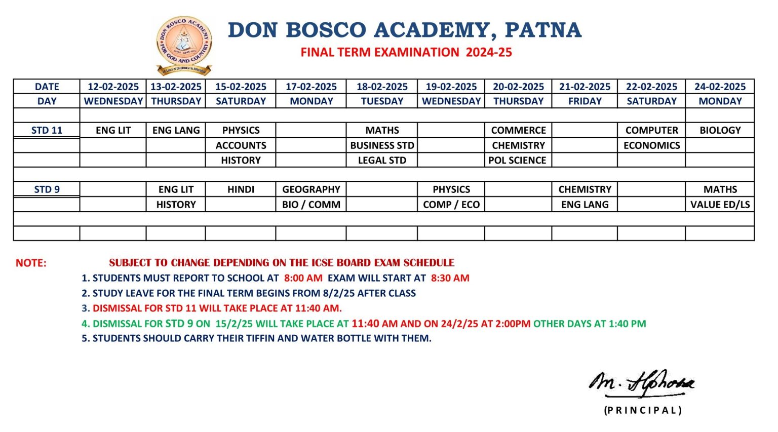 EXAMINATION SCHEDULES – DON BOSCO ACADEMY