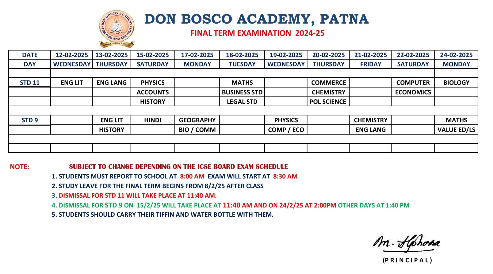 EXAMINATION SCHEDULES – DON BOSCO ACADEMY