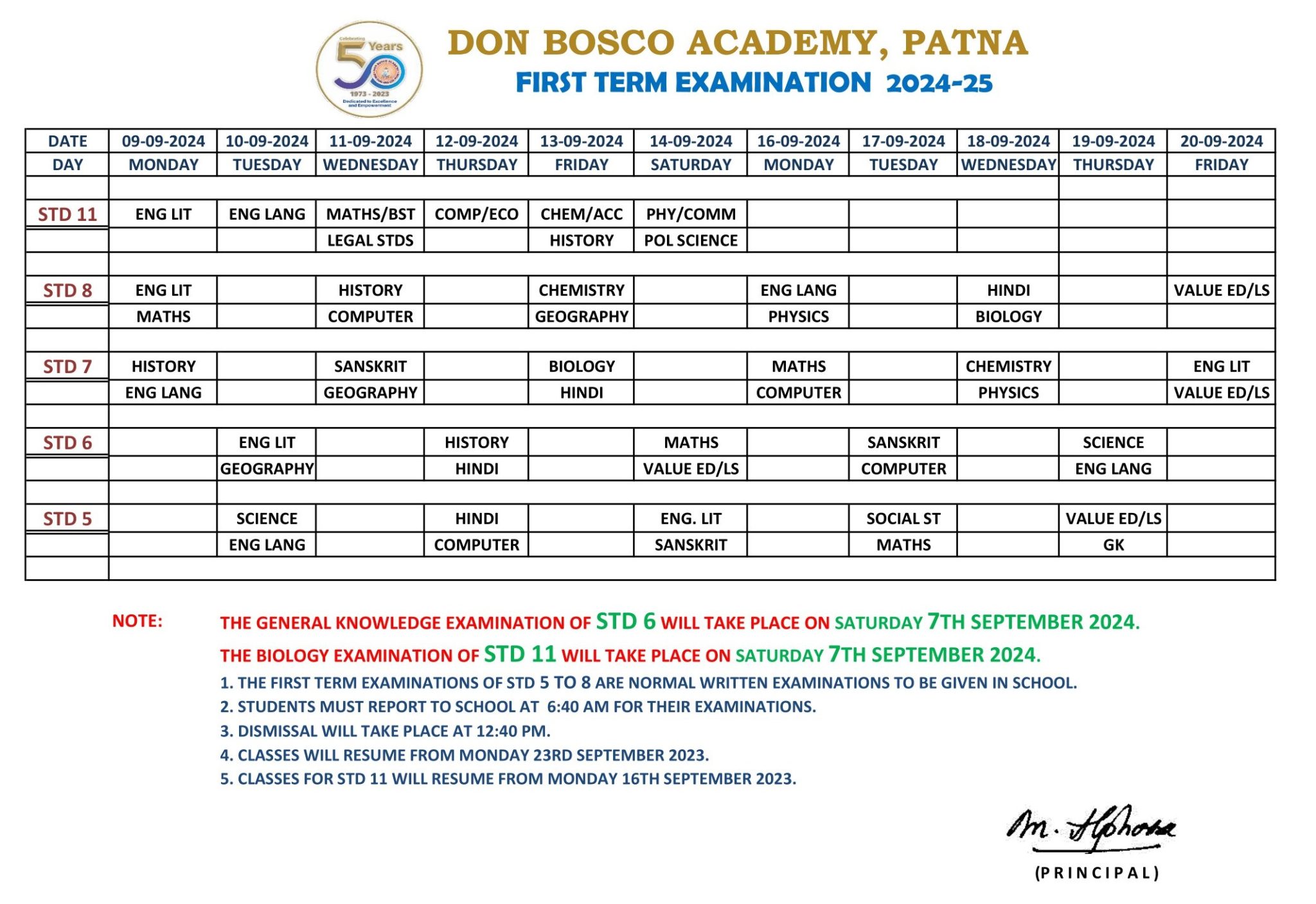 EXAMINATION SCHEDULES – DON BOSCO ACADEMY