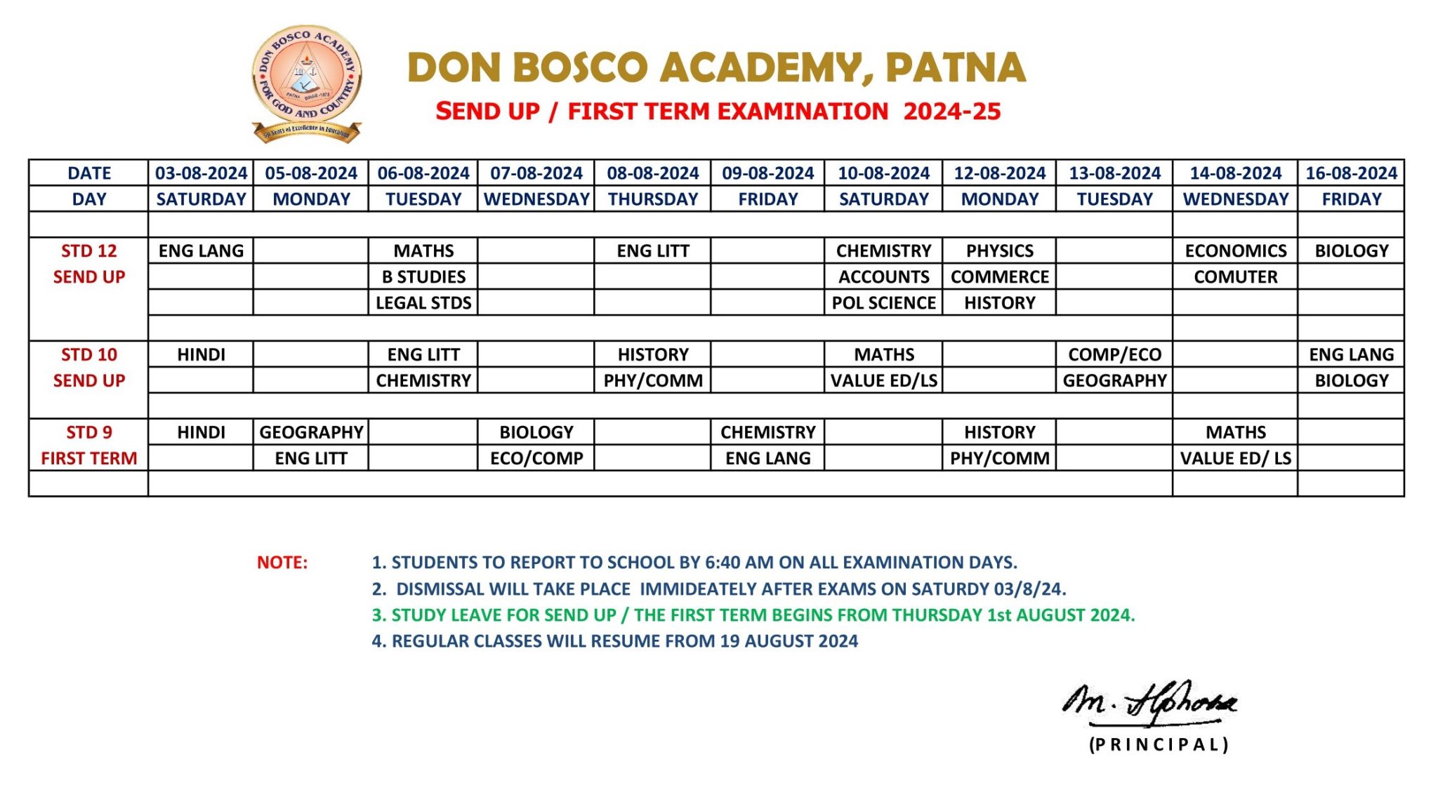 EXAMINATION SCHEDULES – DON BOSCO ACADEMY