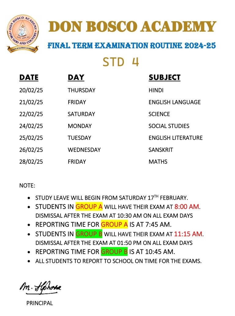 EXAMINATION SCHEDULES – DON BOSCO ACADEMY