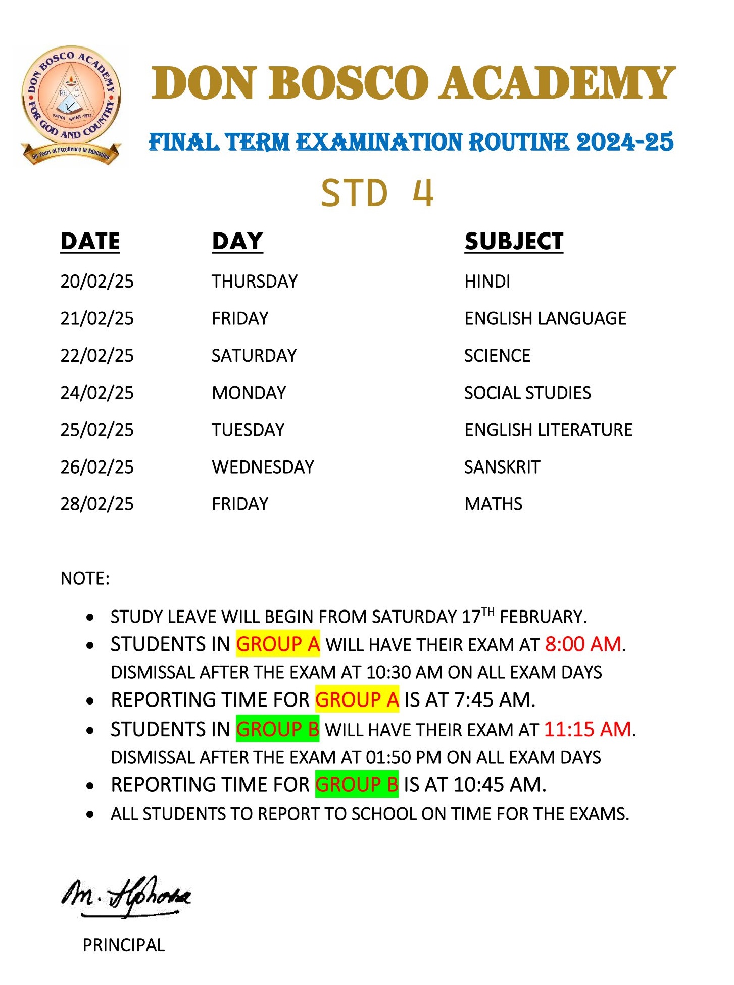 EXAMINATION SCHEDULES – DON BOSCO ACADEMY