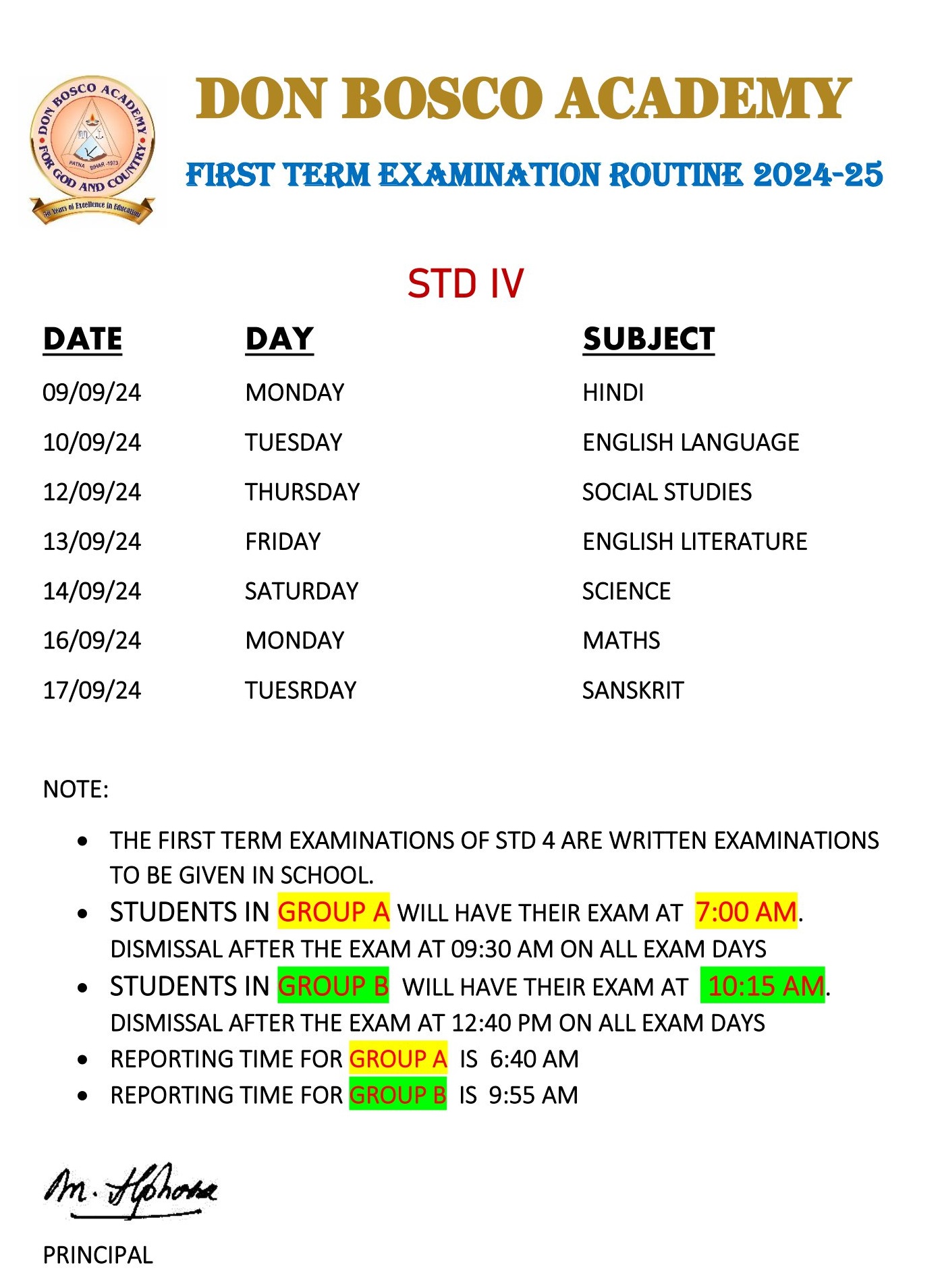 EXAMINATION SCHEDULES – DON BOSCO ACADEMY
