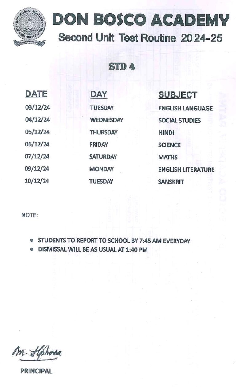 EXAMINATION SCHEDULES – DON BOSCO ACADEMY